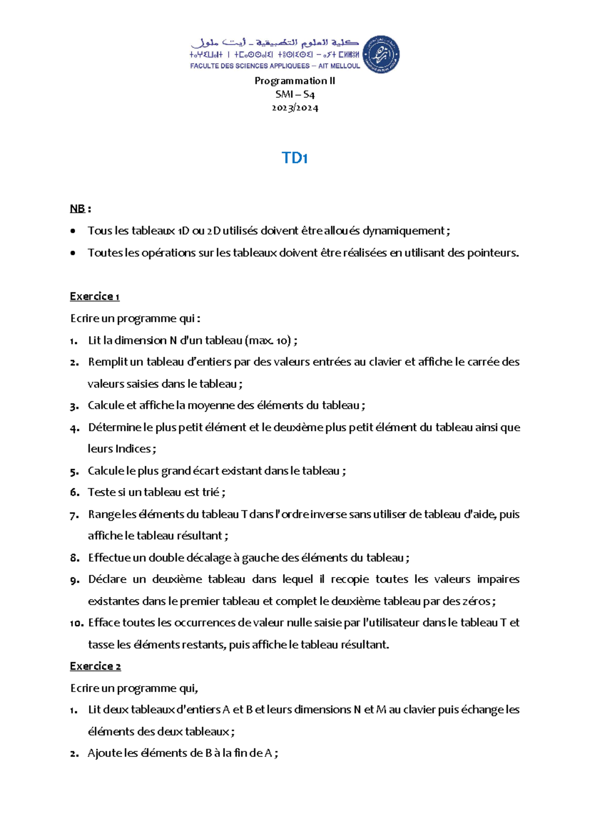 TD1 - Programmation II - SMI - S4 - 23 24 - Programmation II SMI – S ...