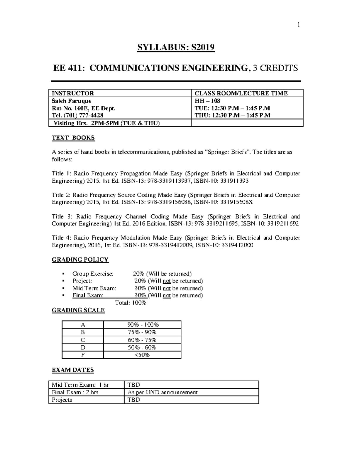 EE 411-Syllabus S2019 - Summary Communications Engineering - SYLLABUS ...
