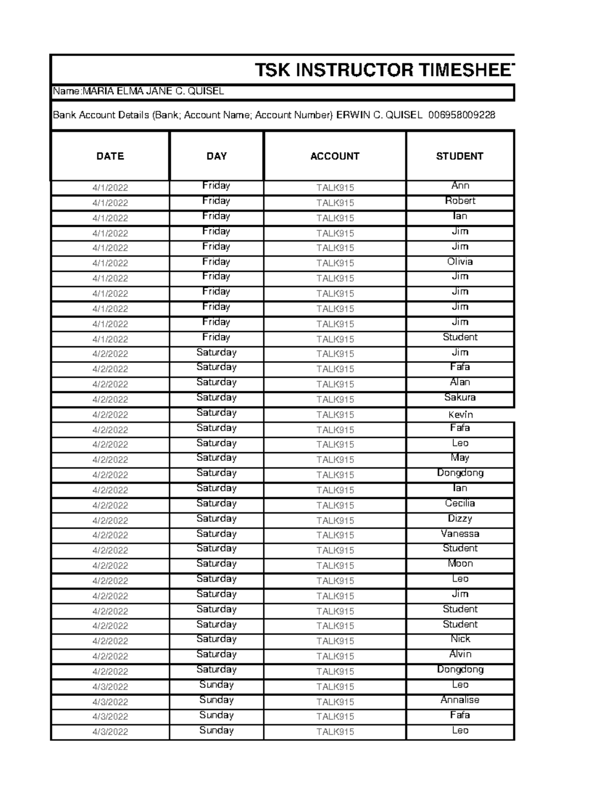 TALK915-April 1-30 (version 1) - DATE DAY ACCOUNT STUDENT 4/1/2022 ...