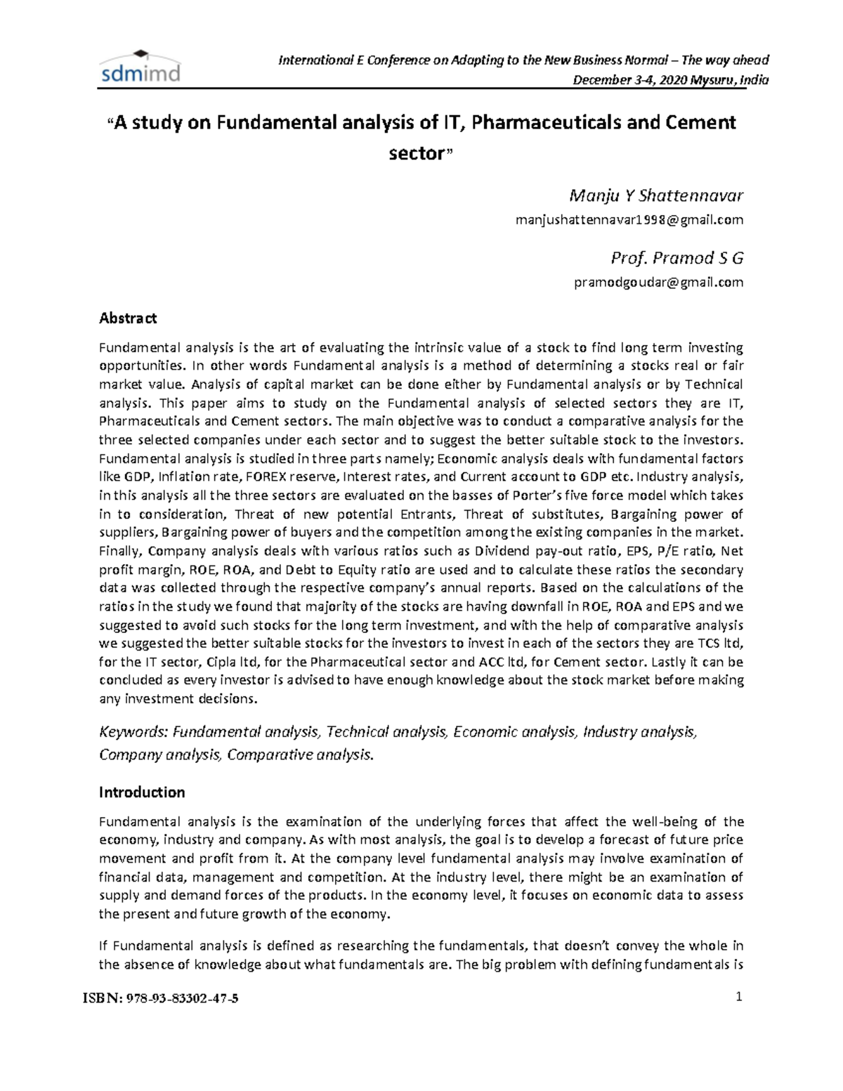 Fundamental research paper - 1 December 3-4, 2020 Mysuru, India