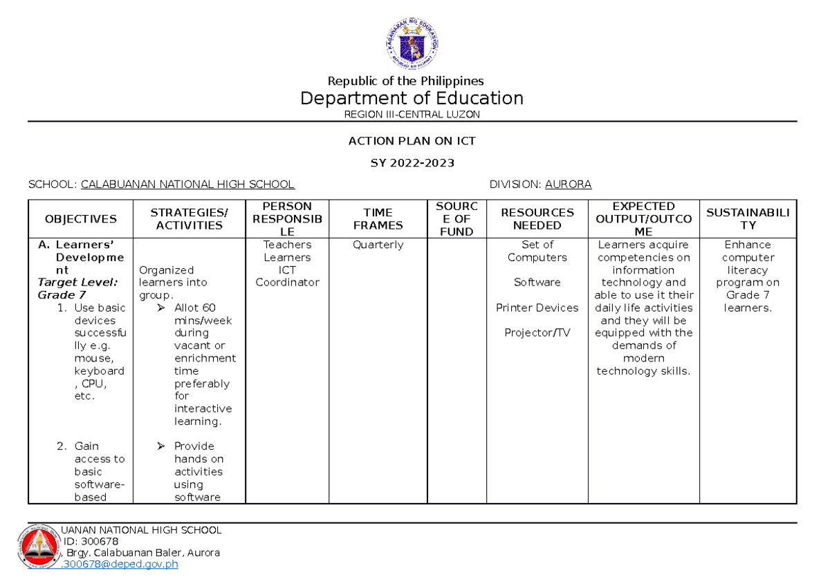 Action-PLAN - Action plan for ICT - Department of Education REGION III ...