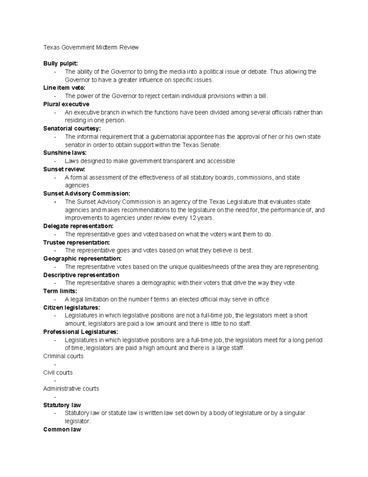 Texas Government Midterm Review - Thus allowing the Governor to have a ...
