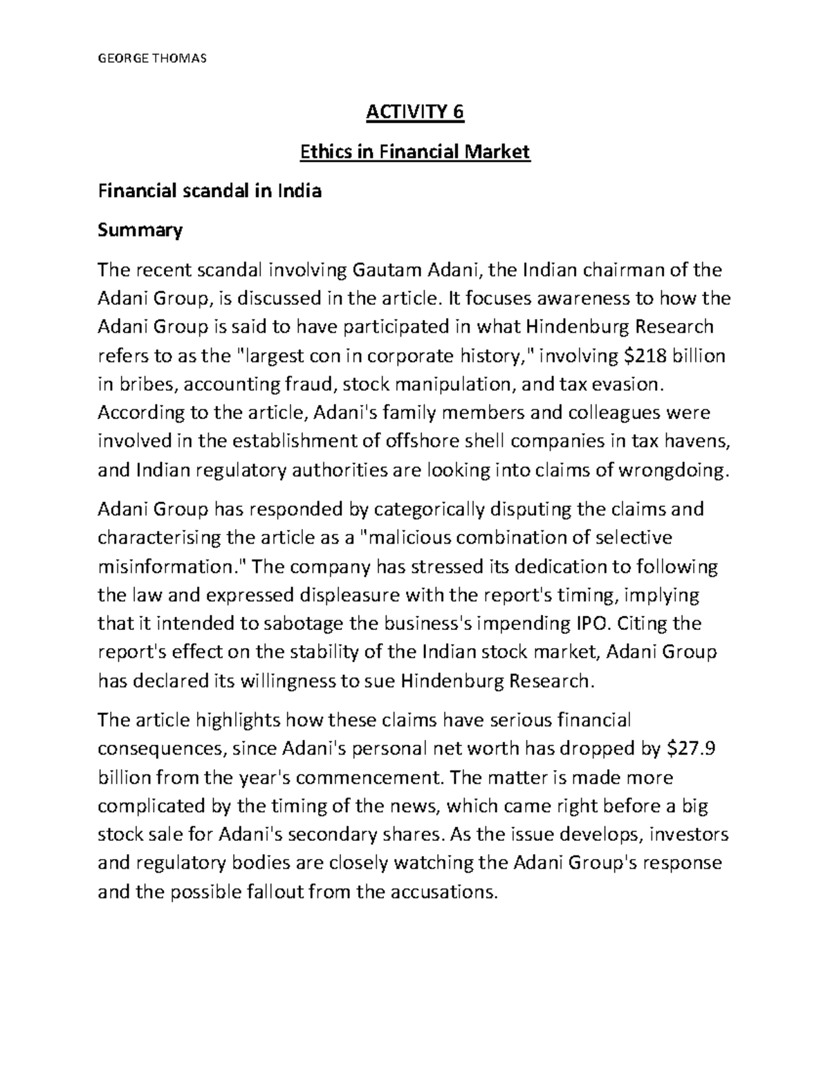 Activity 6 G - assisgnment - GEORGE THOMAS ACTIVITY 6 Ethics in ...