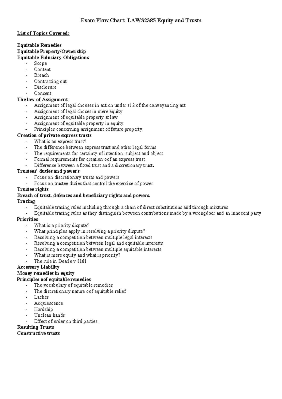 Exam Flow Chart - good notes - Exam Flow Chart: LAWS2385 Equity and ...