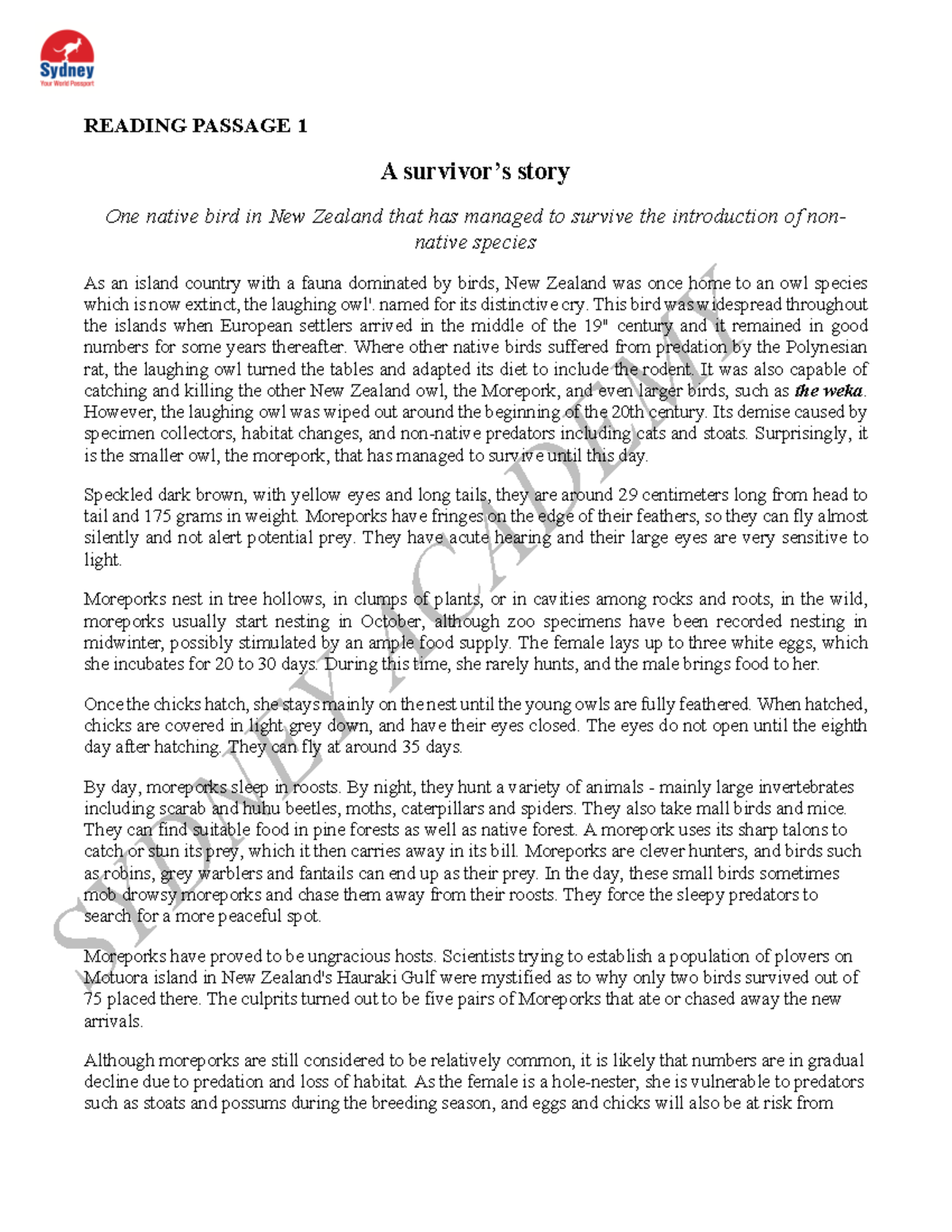 Reading - A survivor story - 6 BẢN - SYDNEY ACADEMY READING PASSAGE 1 A ...