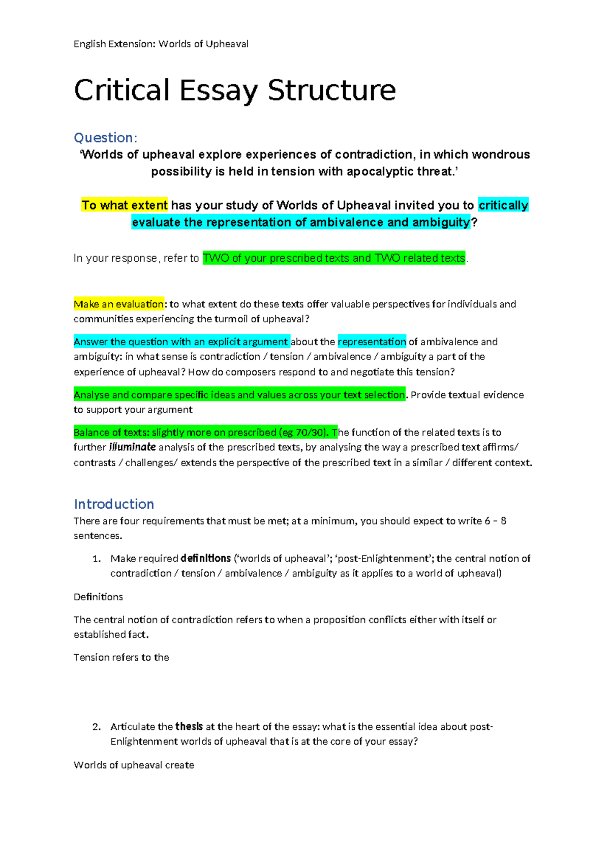2022 critical essay structure worlds of upheaval - Critical Essay ...