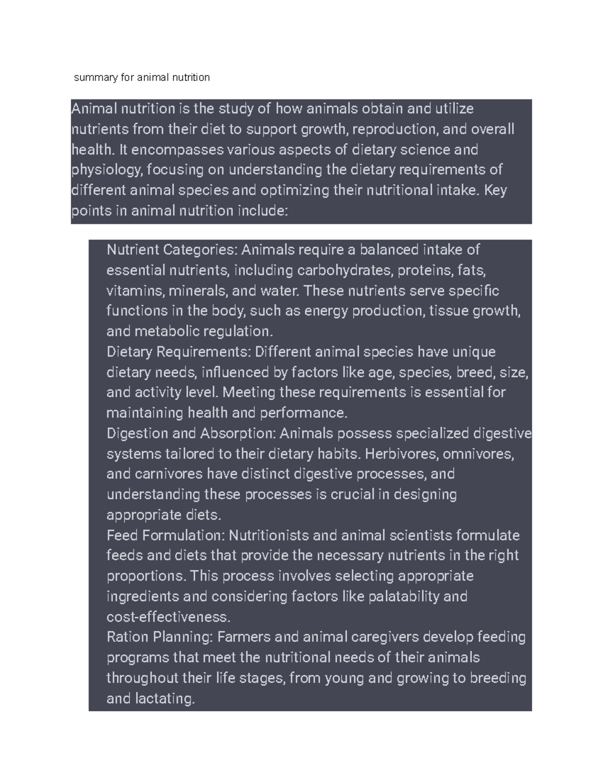 Summary for animal nutrition - summary for animal nutrition Animal ...