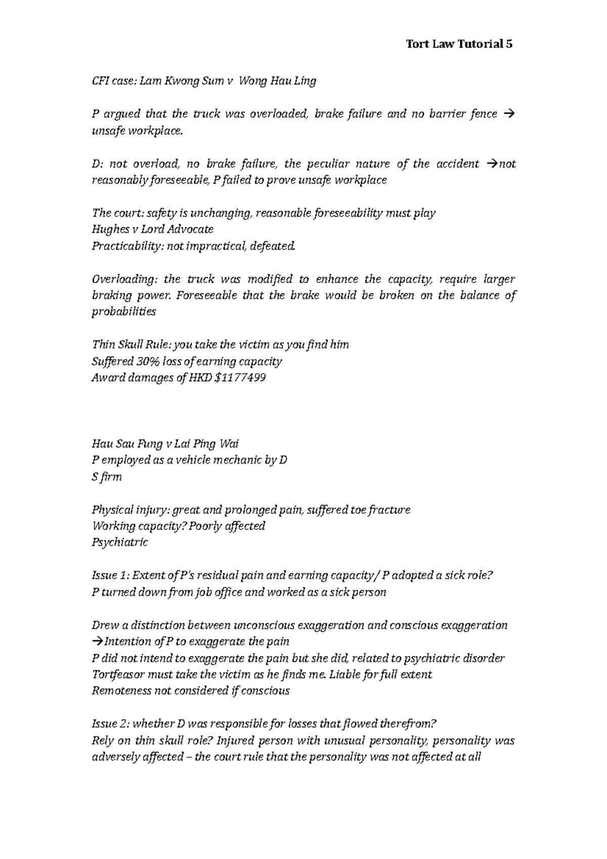 Tort Law Tutorial 5 - Hong Kong cases about causation - thin skull rule - Tort Law Tutorial 5 ...