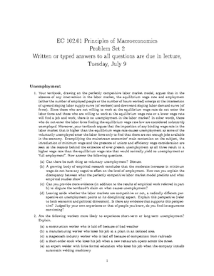 Problem set 1 - First Assignment - EC 102 Principles of Macroeconomics Problem Set I Written ...