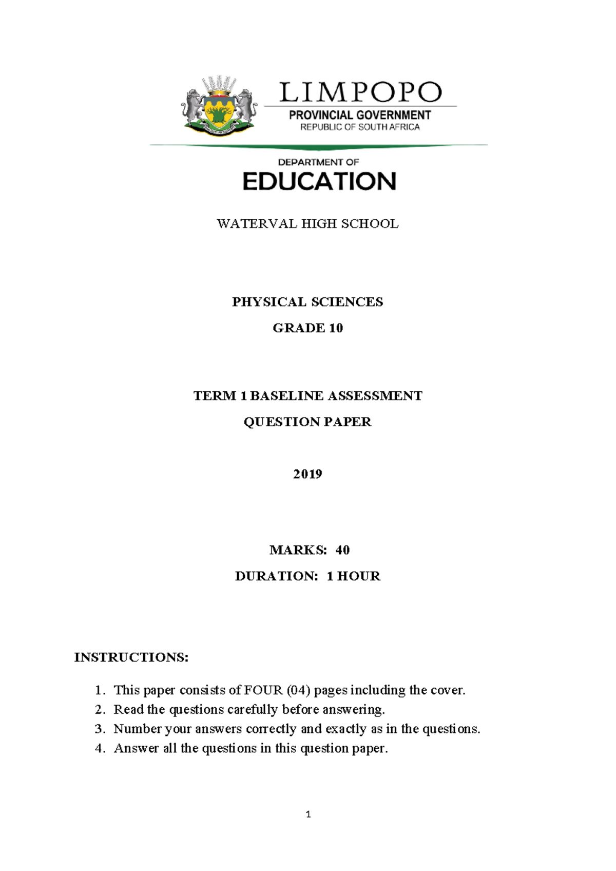 2019 Grade 10 Physical Sciences TERM 1 Baseline Assessment - WATERVAL ...