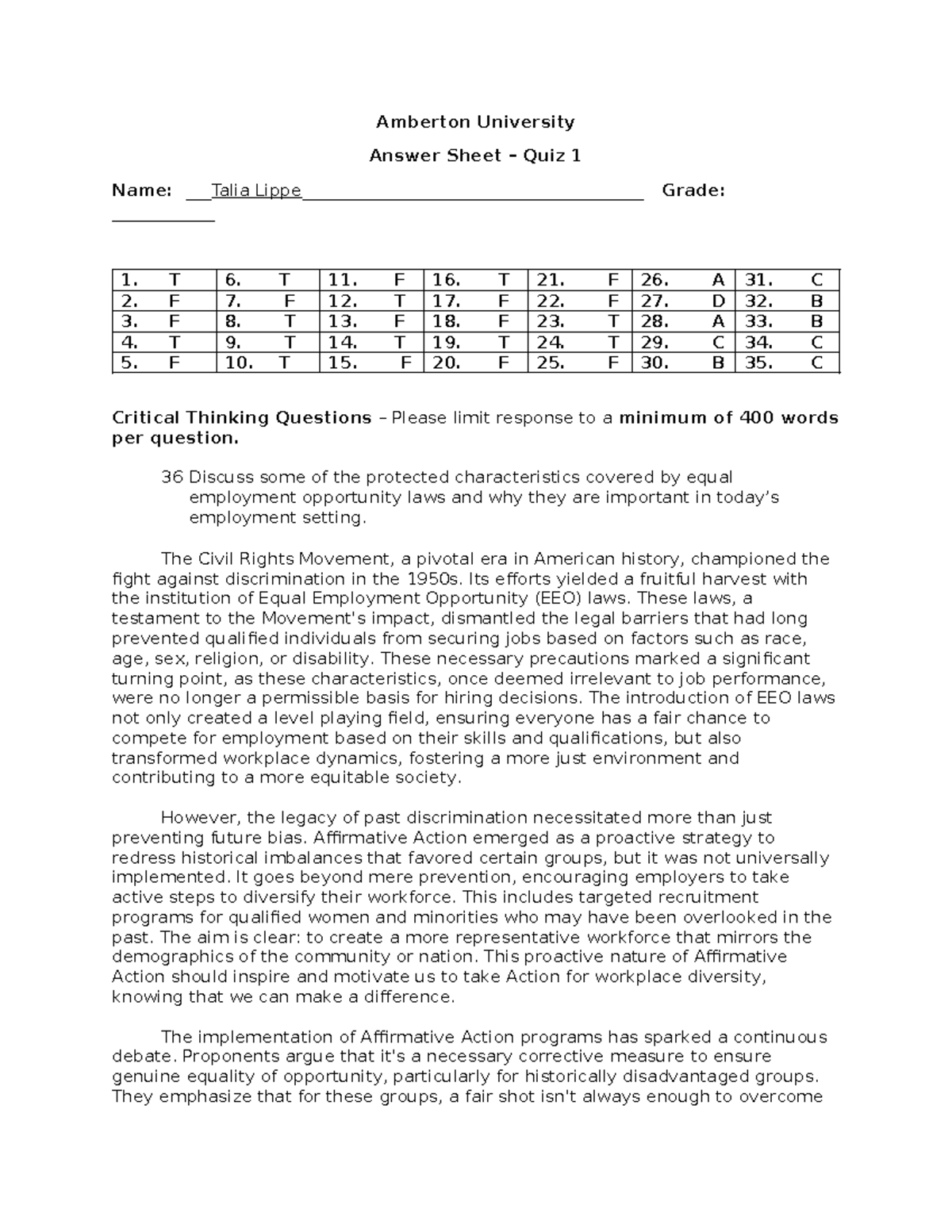 Quiz # 1 MGT6177.E1 Answer Sheet - Amberton University Answer Sheet ...