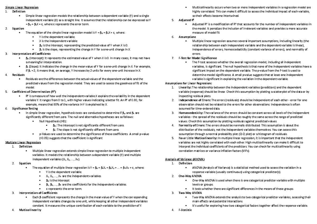 ISYE6414 midterm 1 cheatsheet - Simple Linear Regression Definition ...