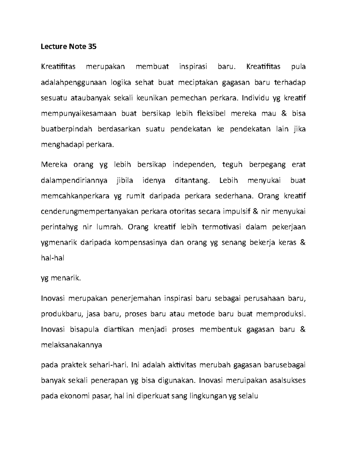 Lecture Note Pengantar Manajemen 35 - Lecture Note 35 Kreatifitas merupakan membuat inspirasi ...