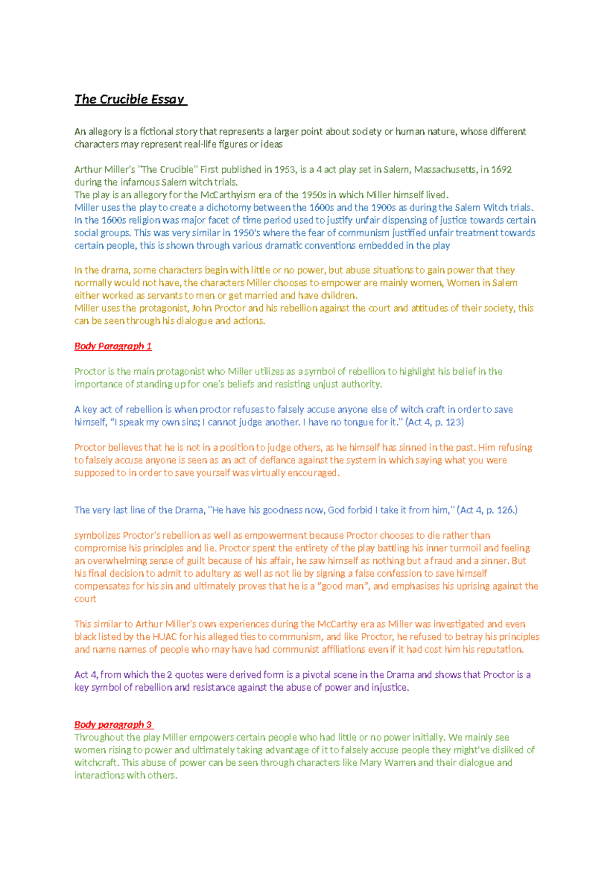 The Crucible Essay - The play is an allegory for the McCarthyism era of ...