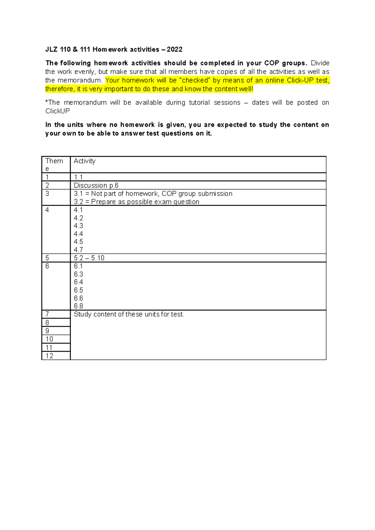 homework activities for JLZ110 2022 - JLZ 110 & 111 Homework activities ...