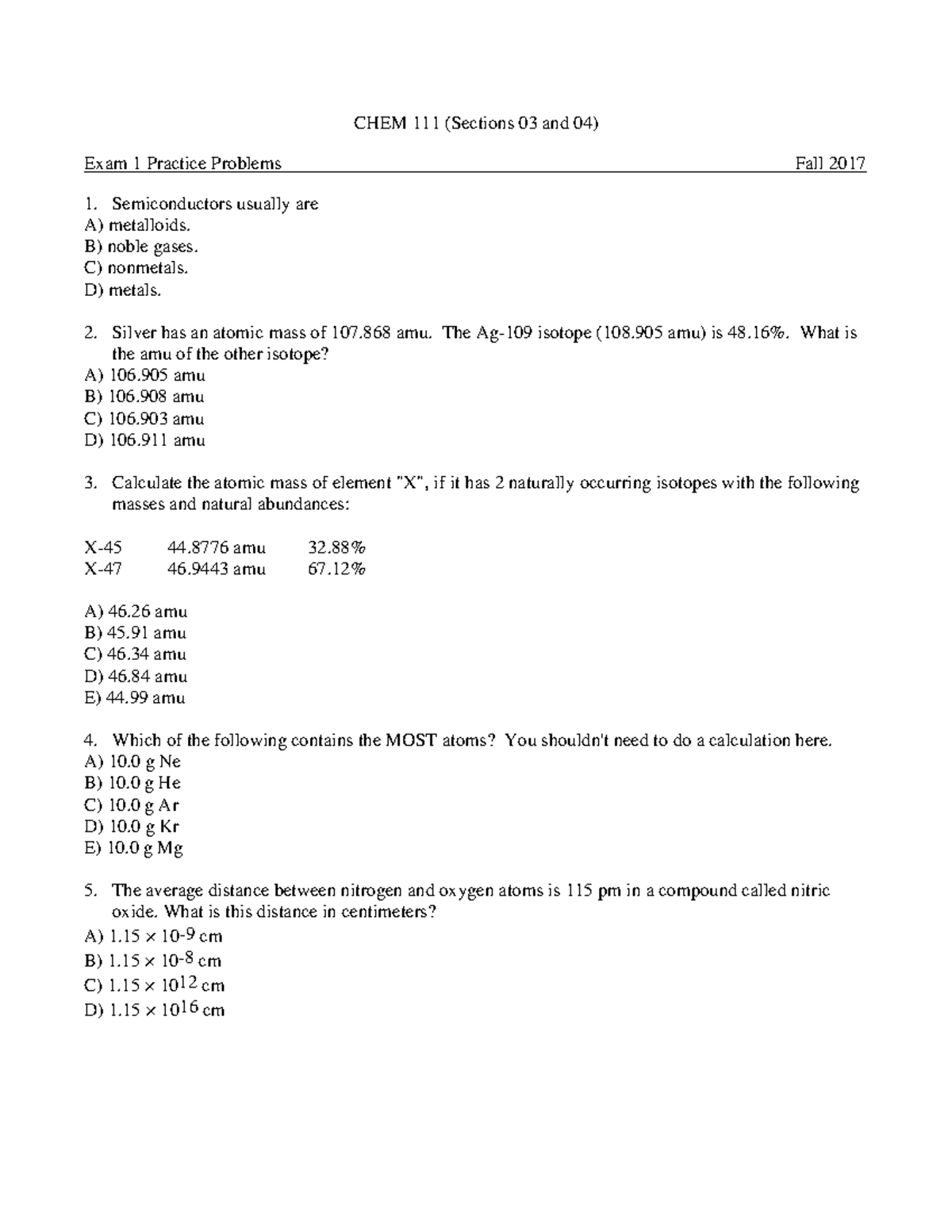 CHEM 111-Exam 1 Study Problems (2017 ) - CHEM 111 (Sections 03 and 04) Exam 1 Practice Problems ...