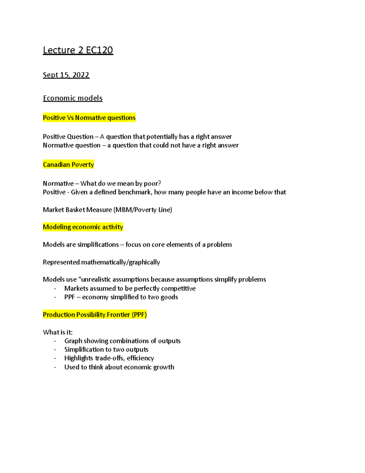 Lecture 2 EC120 - Lecture 2 EC Sept 15, 2022 Economic models Positive Vs Normative questions ...