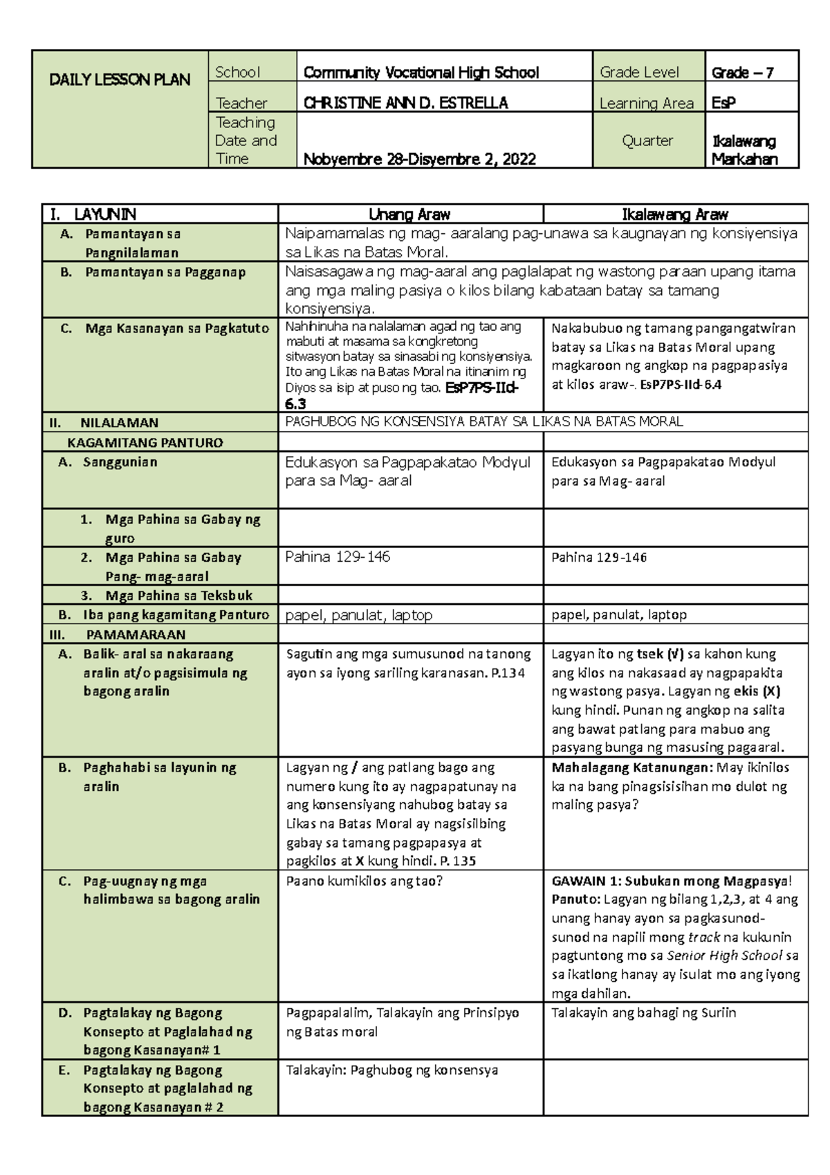 Esp7mod2q2w4 - not good within - DAILY LESSON PLAN School Community ...