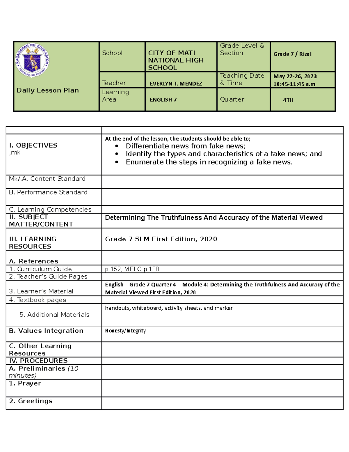 Lesson Plan Eng7 M4LP#5 - Daily Lesson Plan School CITY OF MATI ...