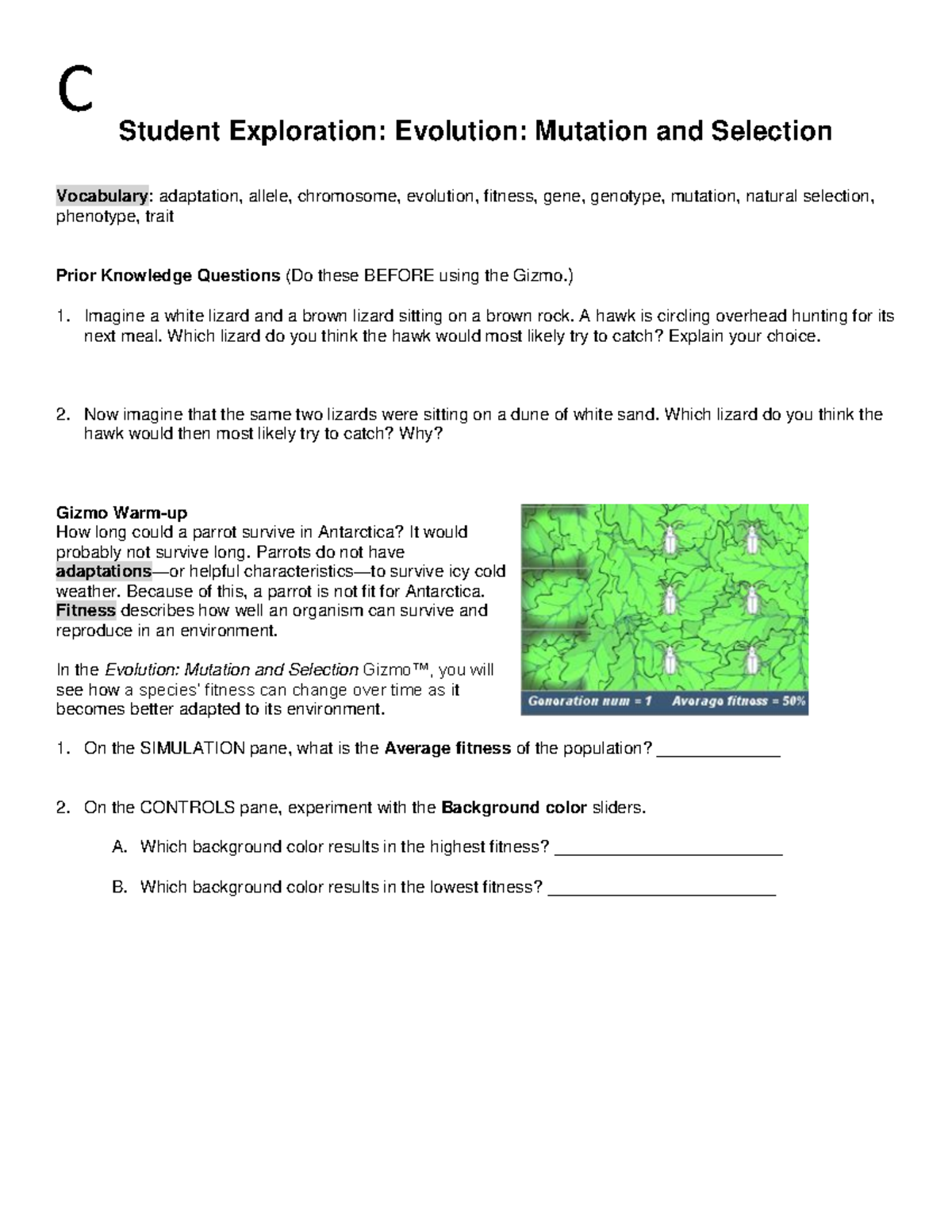 Mutation and Natural Selection Interactive - Student Exploration ...