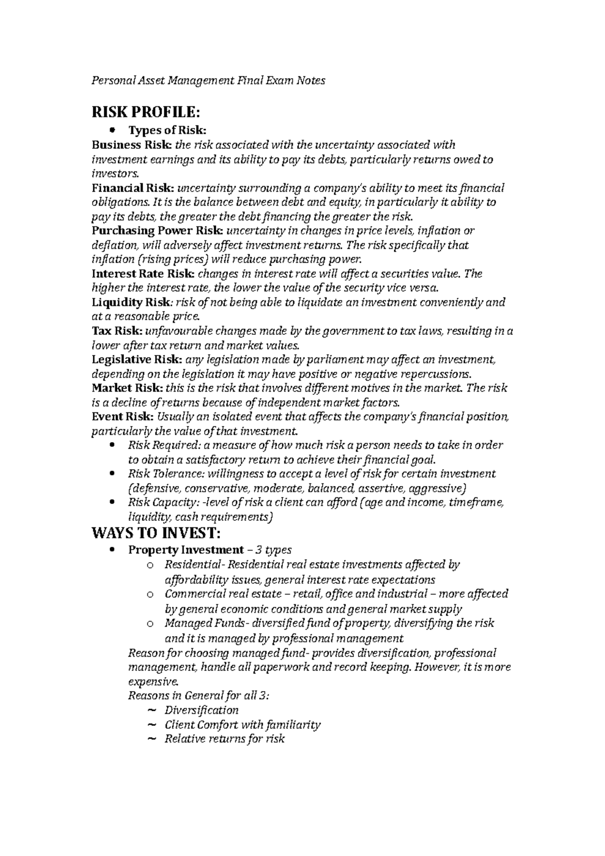 Personal Asset Management Final Exam Notes - Financial Risk ...