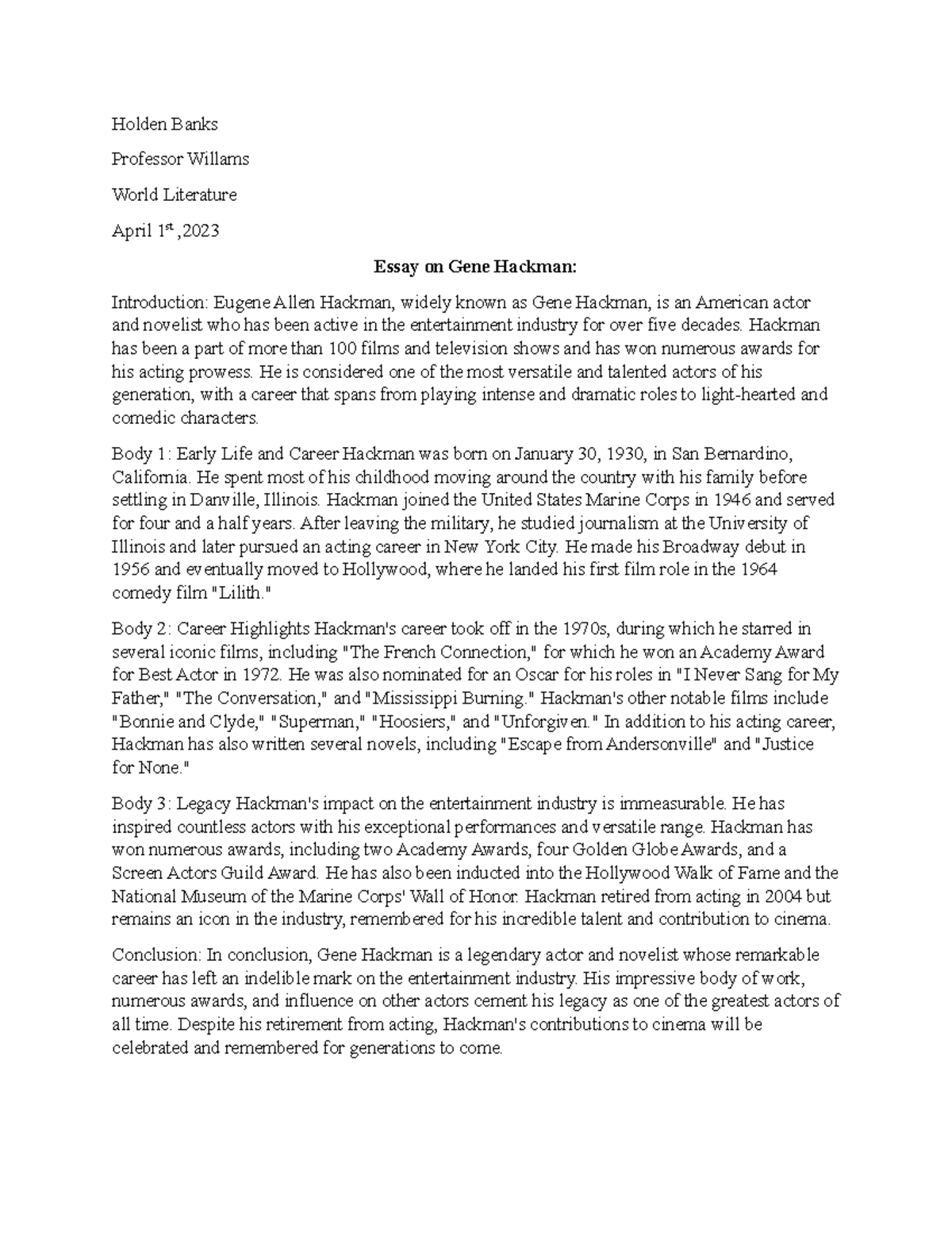 Essay on Gene Hackman - Holden Banks Professor Willams World Literature ...