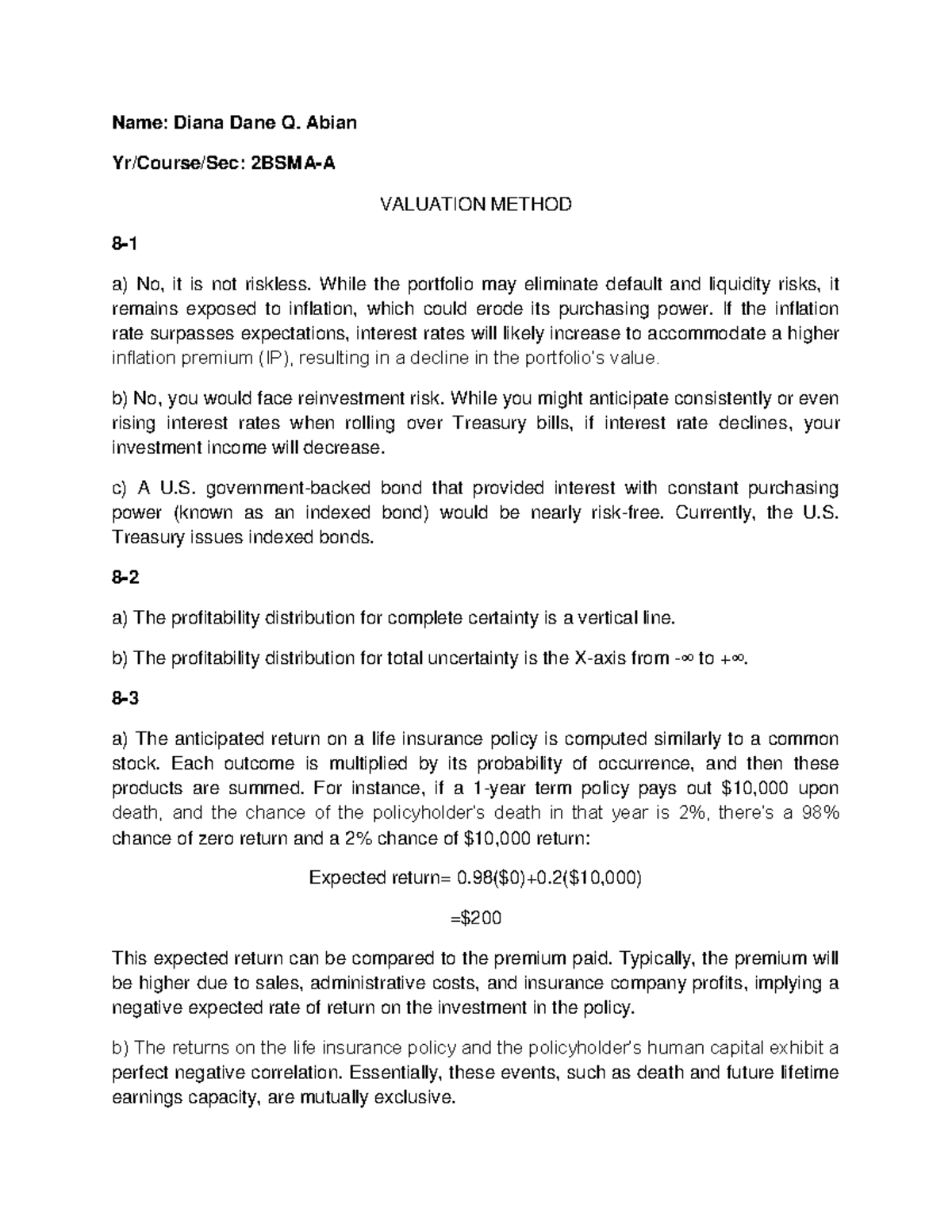 Diana DANE Q. Abian - Assignments in Valuation Methods - Name: Diana ...