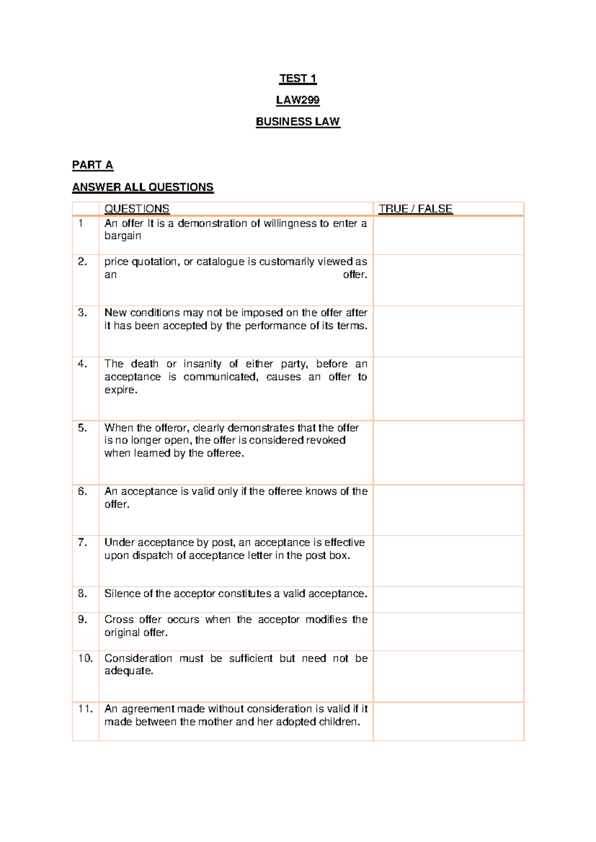 TEST 1 law299 fabruary 2022 copy - TEST 1 LAW BUSINESS LAW PART A ...