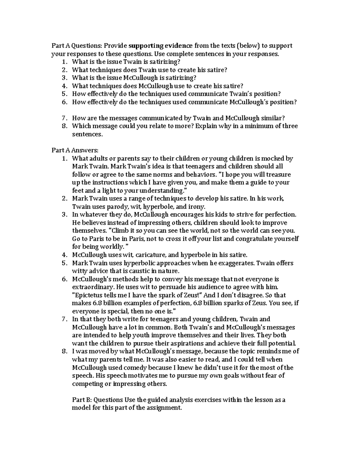 04.09 understanding satire - Part A Questions: Provide **supporting ...