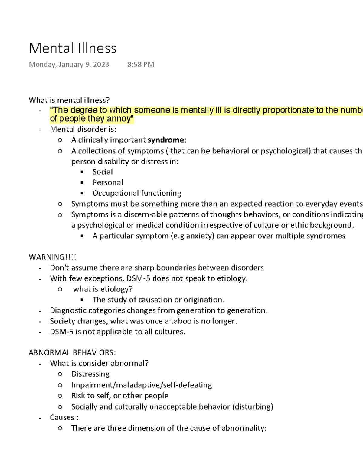 Mental Illness - LECTURE NOTE - What is mental illness? "The degree to ...