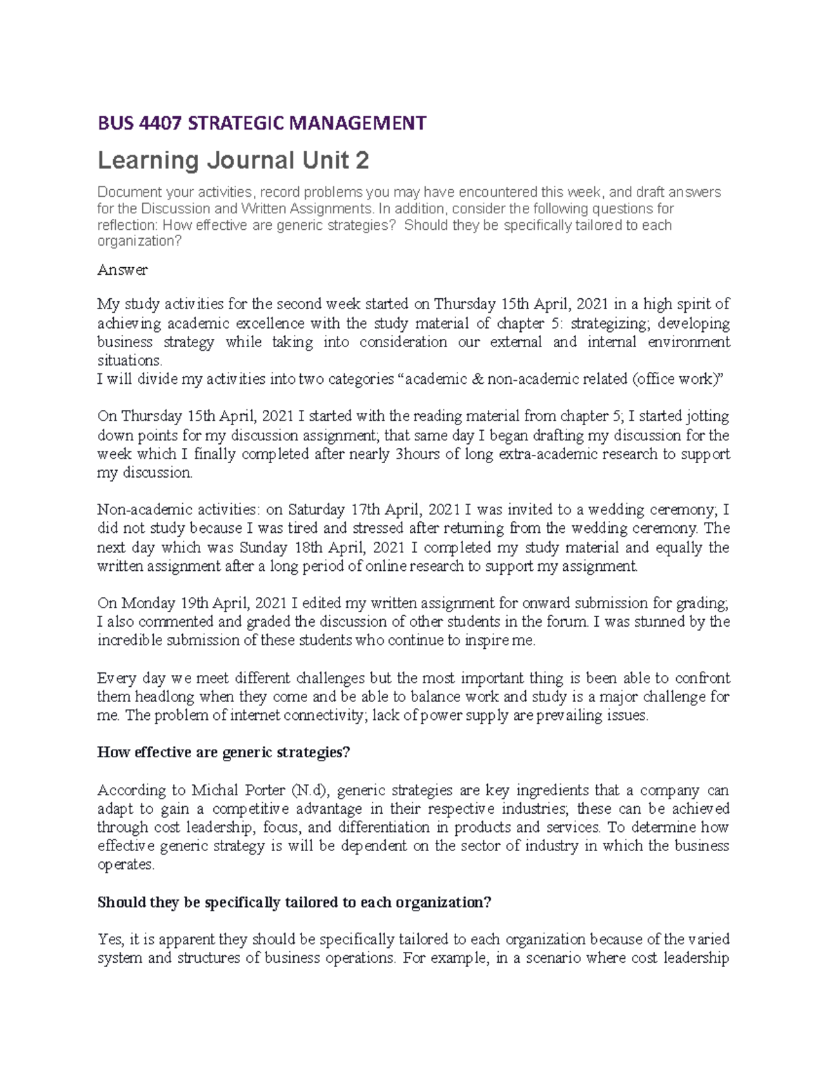 BUS 4407 Strategic Management Learning Journal Unit 2 Term 4 2021 ...