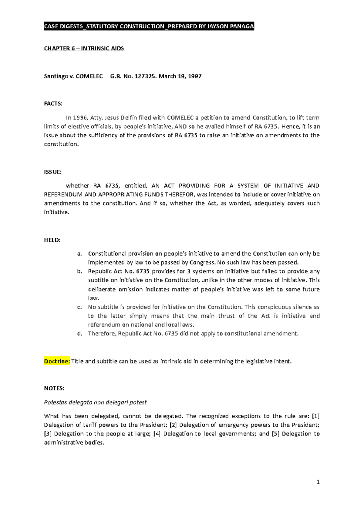 STAT CON CASE Digest Chapter 6 - CHAPTER 6 – INTRINSIC AIDS Santiago v ...