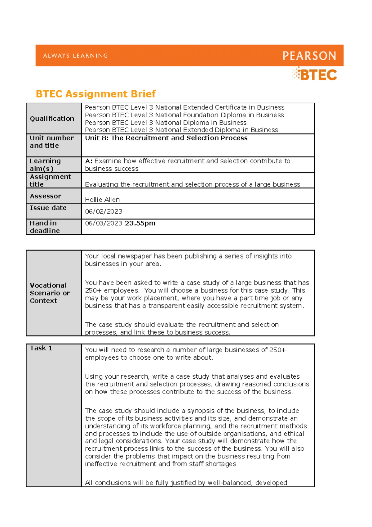 Unit 8 Assignment 1 LOA - iiquabva - BTEC Assignment Brief ...