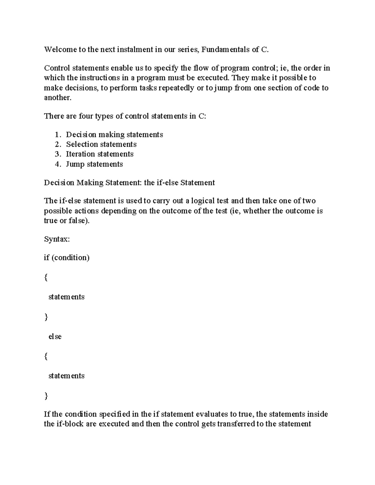 Control structures -handout 2 - Welcome to the next instalment in our ...