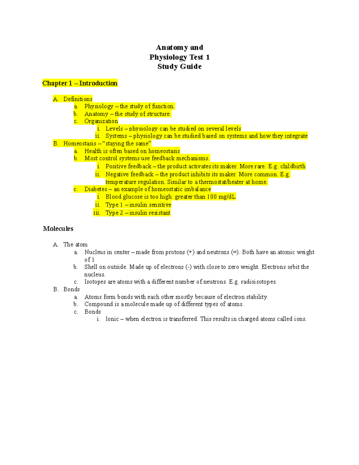 Anatomy and Physiology Test 1 Study Guide - Anatomy and Physiology Test ...