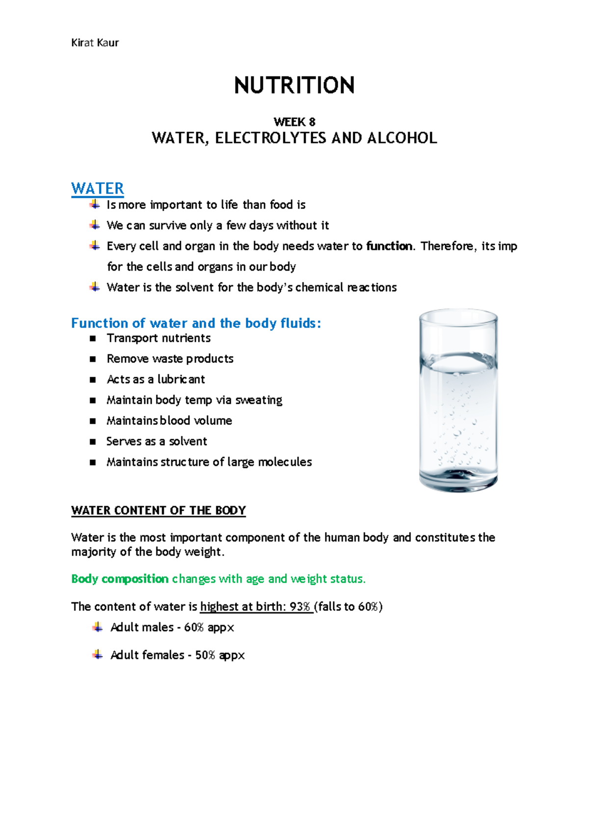 Comprehensive notes for DTN1NHW lecture 8 - Water, electrolytes and ...
