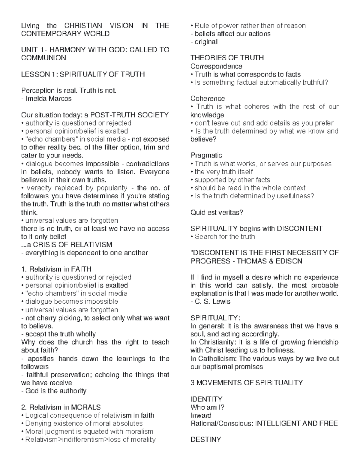 UNIT I Summative - Living the CHRISTIAN VISION IN THE CONTEMPORARY ...