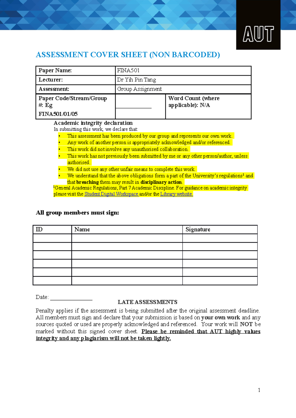 FINA501 Group Assignment Questions Template S1 2023 - Introduction to ...