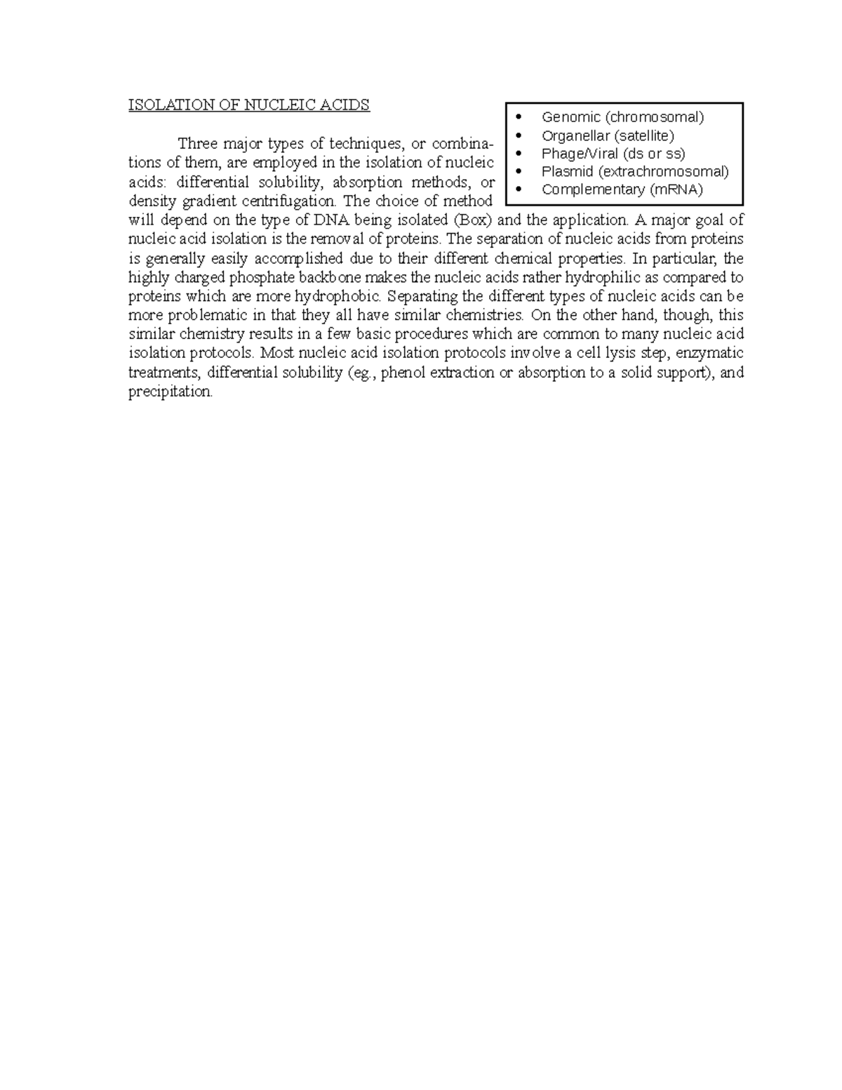 Isolation OF Nucleic Acids - ISOLATION OF NUCLEIC ACIDS Three major ...