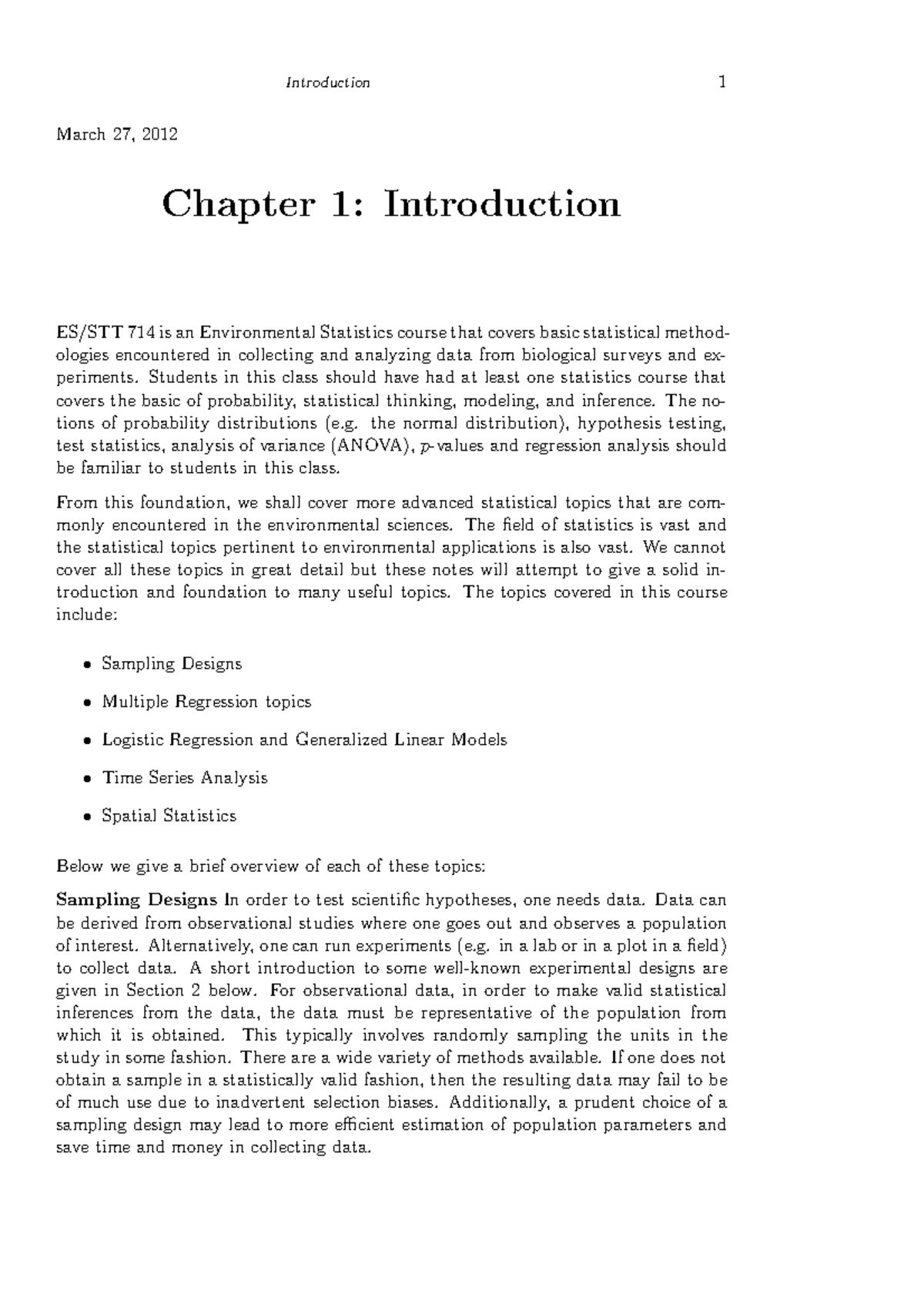 Lecture notes, lecture intro - March 27, 2012 Chapter 1: Introduction ...