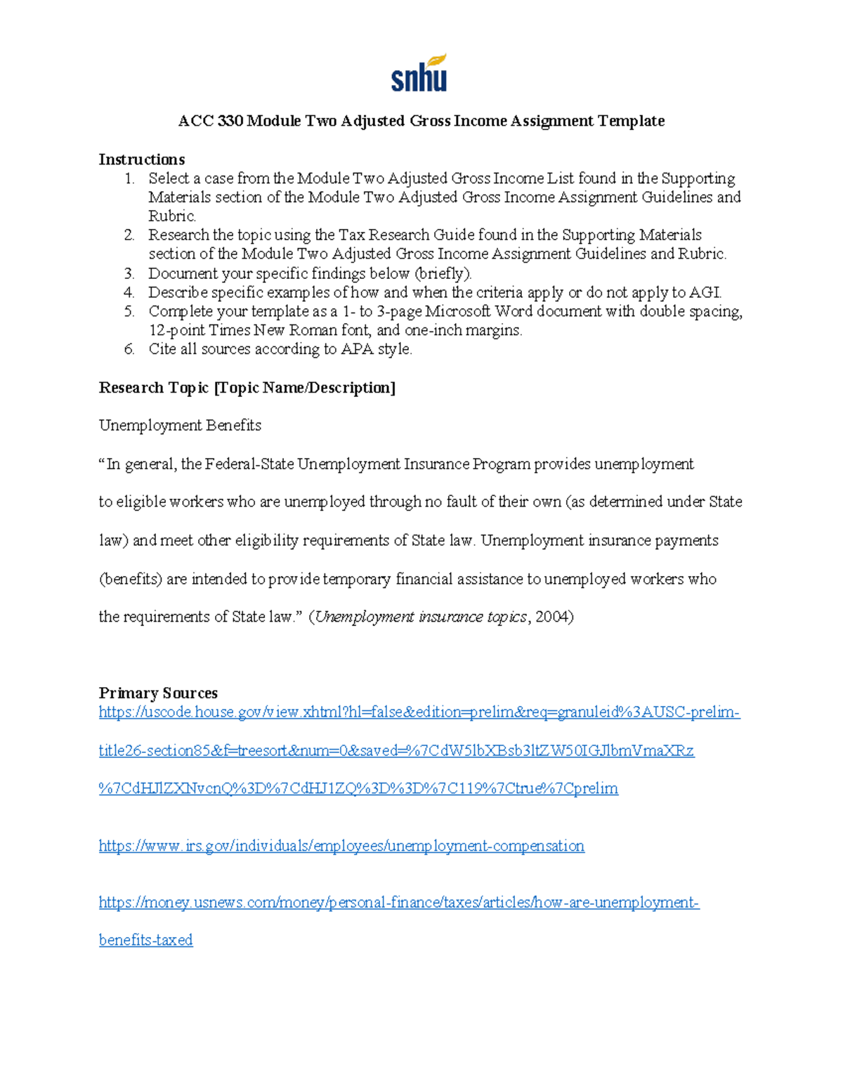 ACC 330 Module Two Adjusted Gross Income Assignment - Research the ...