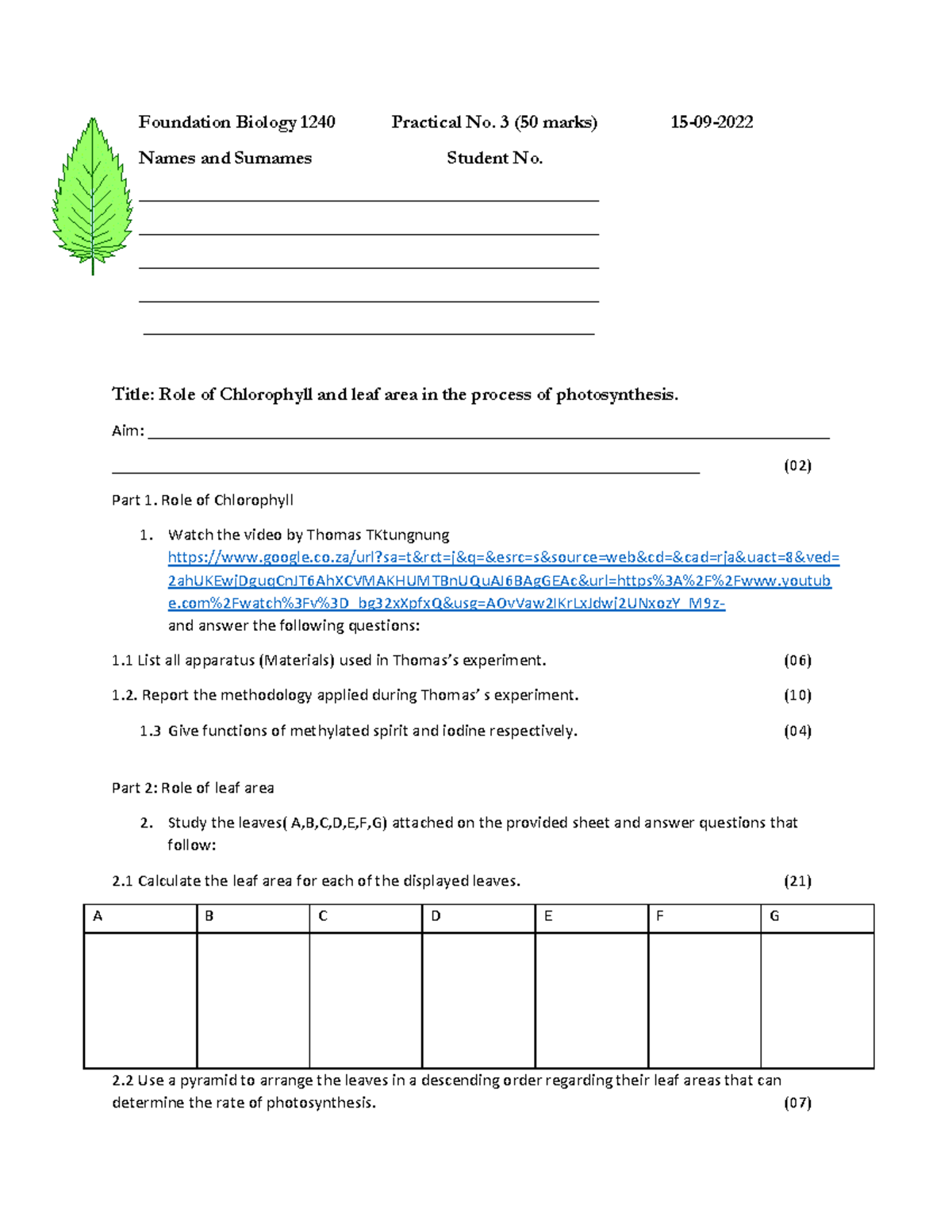 Foundation Biology 1240 Practical No. 3 ...