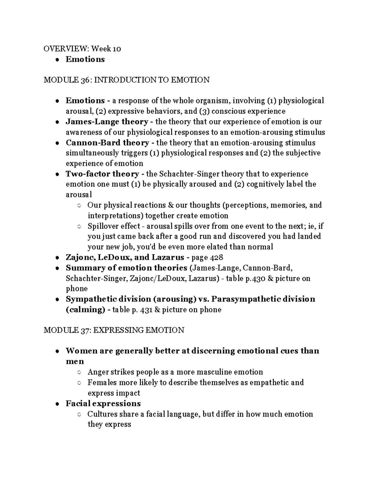 Week 10 (Modules 36, 37, 39, 40) - OVERVIEW: Week 10 Emotions MODULE 36 ...