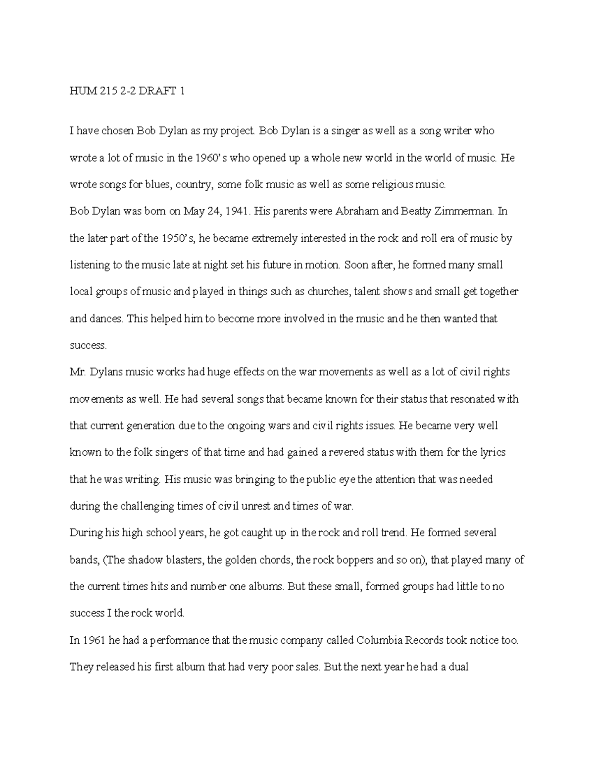 SNHU HUM 215 Module 2-2 journal assignment Bob Dylan - HUM 215 2-2 ...