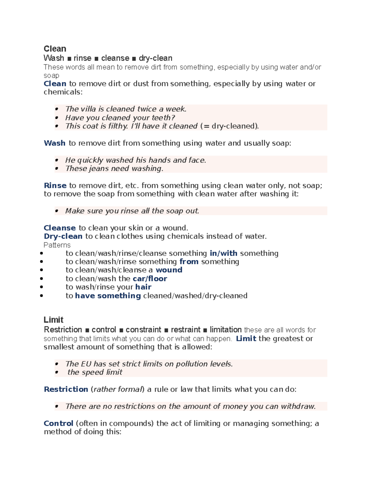 English vocab - Clean Wash rinse cleanse dry-clean These words all mean ...