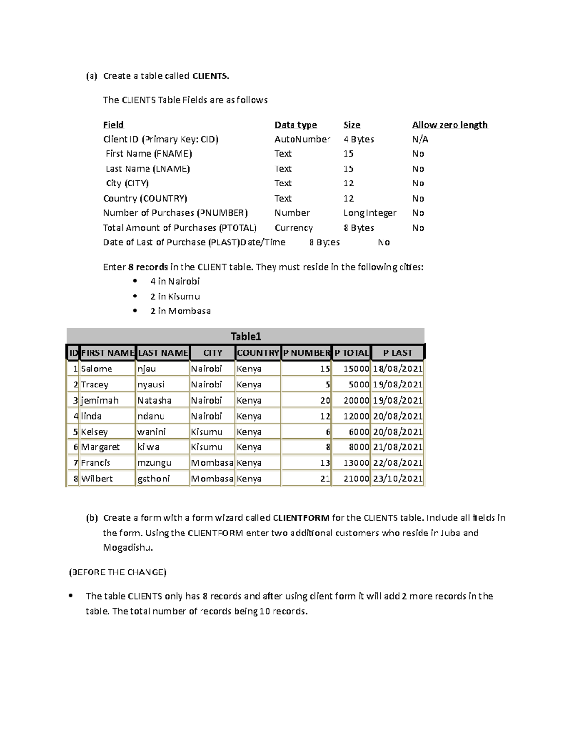 clients - (a) Create a table called CLIENTS. The CLIENTS Table Fields ...