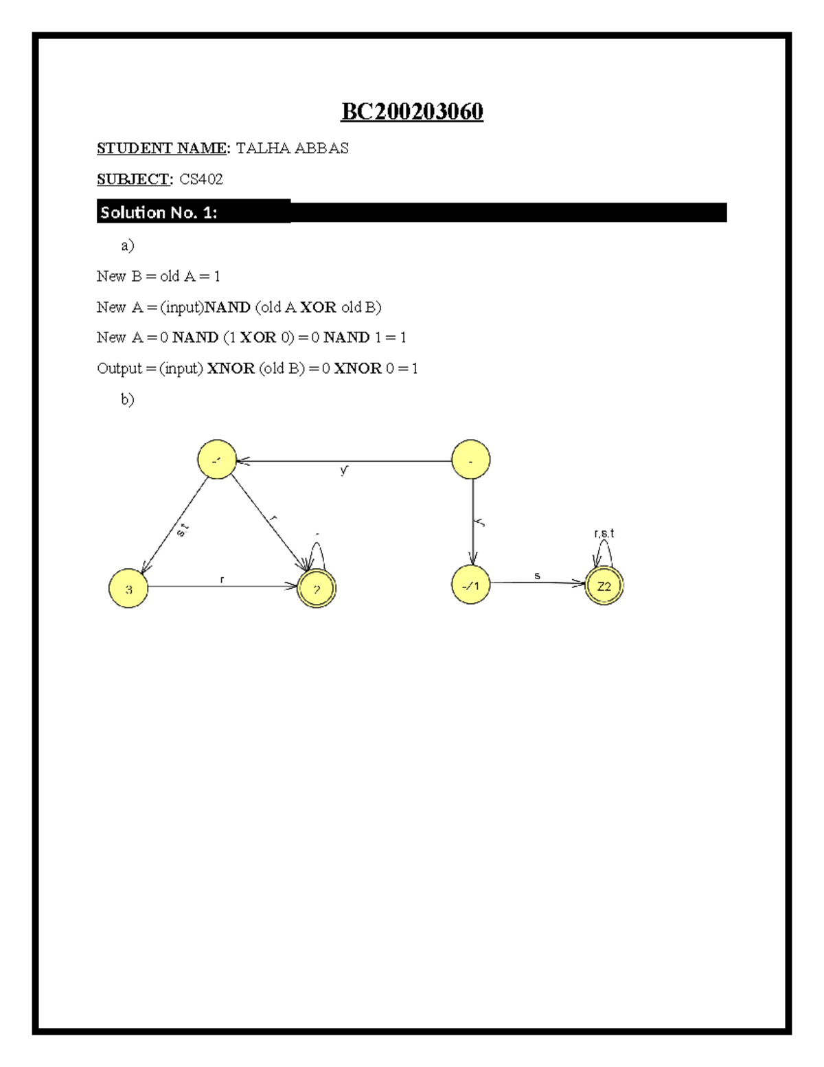 cs402 assignment - theory of automata - BC STUDENT NAME: TALHA ABBAS SUBJECT: CS Solution No. 1 ...