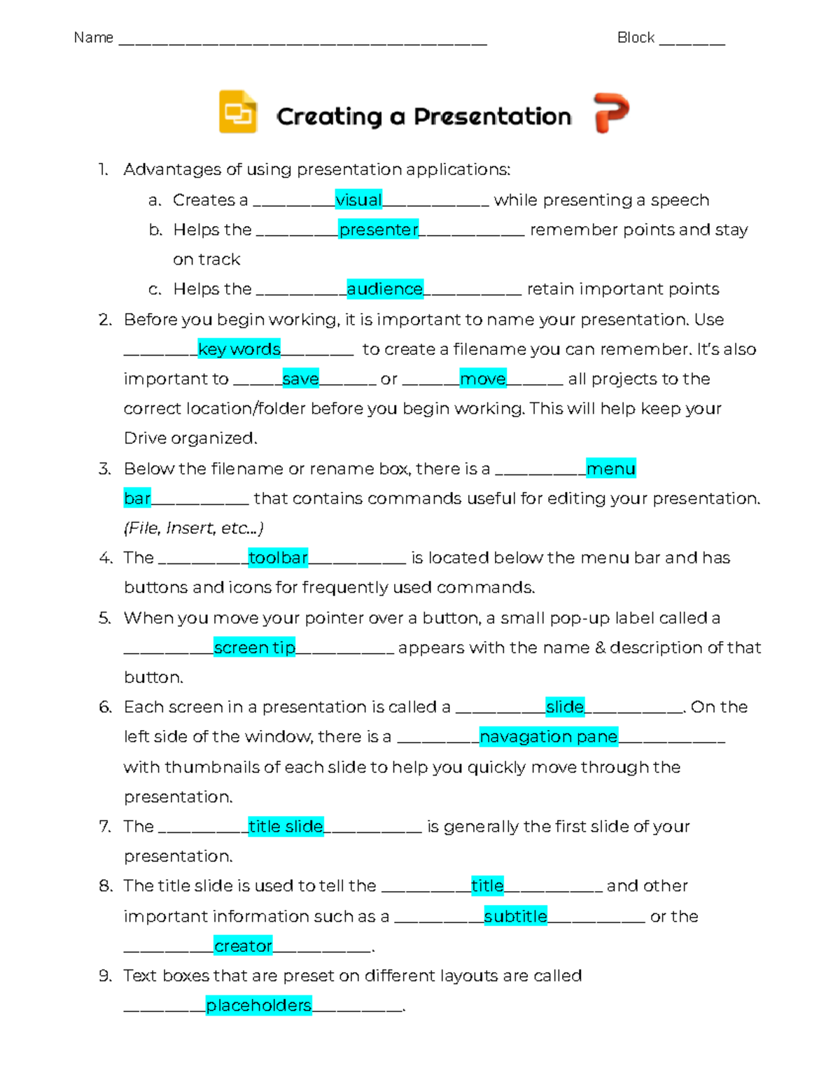 Creating a Presentation - Name ...