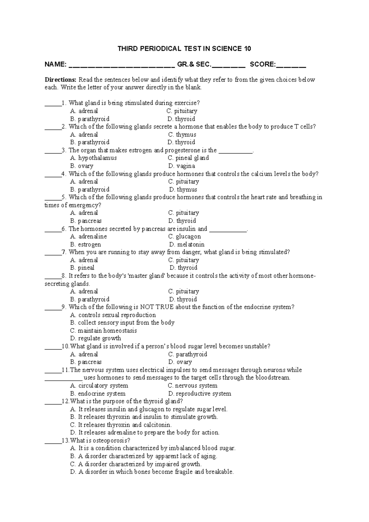 Science 10 3rd quarter - tq with tos - THIRD PERIODICAL TEST IN SCIENCE ...