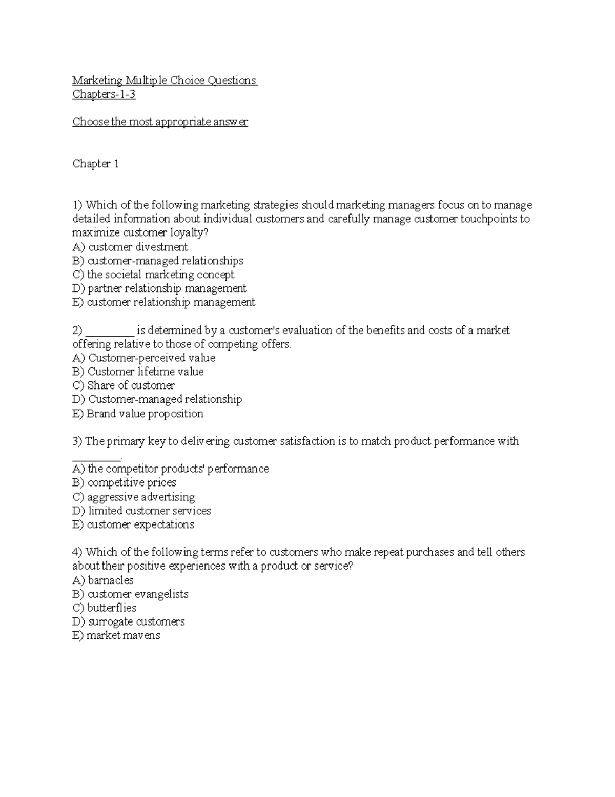 Trial Quiz- 1-3 - Marketing Multiple Choice Questions Chapters-1 ...